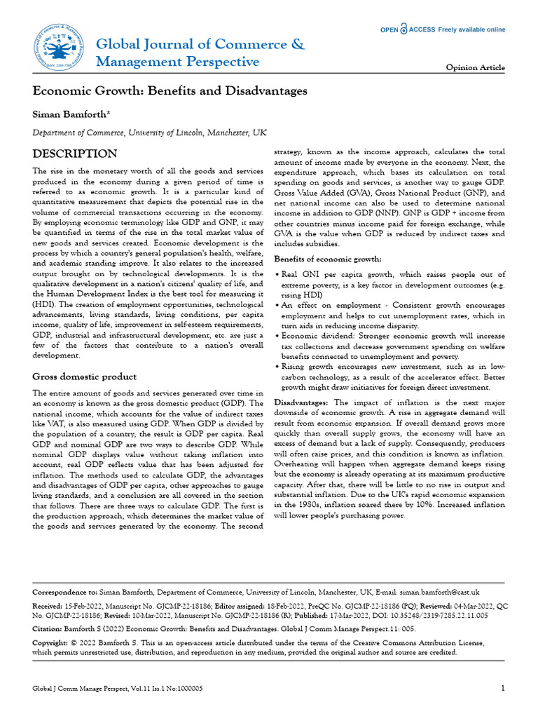 Economic Growth Benefits and Disadvantages | PDF | Gross Domestic ...