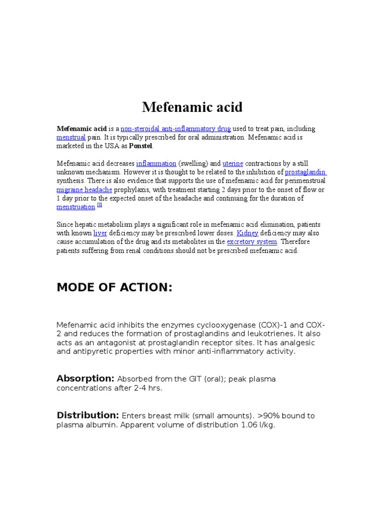 Mefenamic Acid Nonsteroidal Anti Inflammatory Drug Drugs