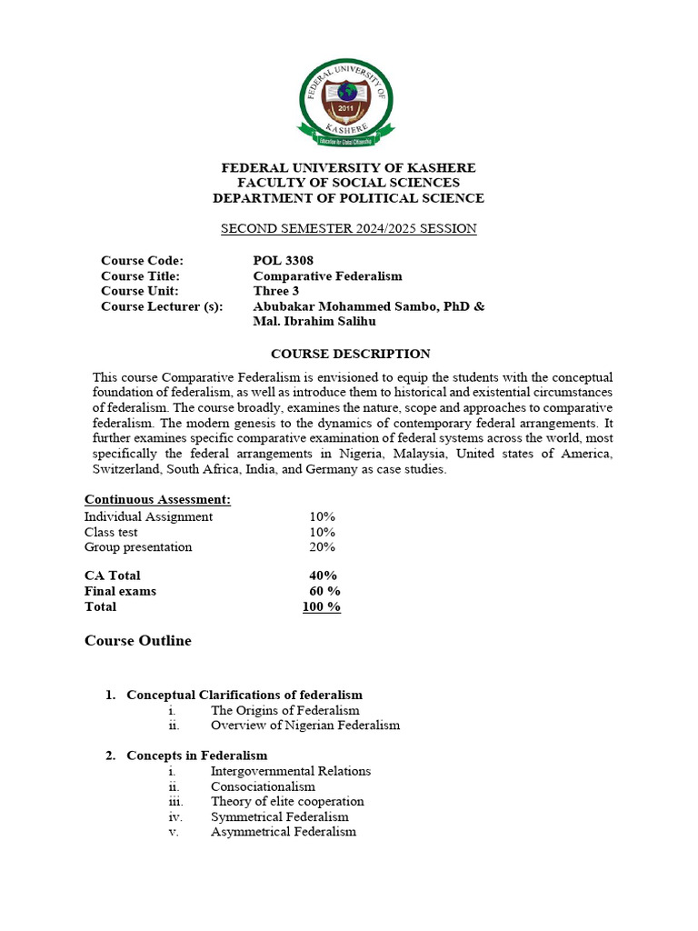 Comparative Federalism-Pol 3308 | PDF | Federalism