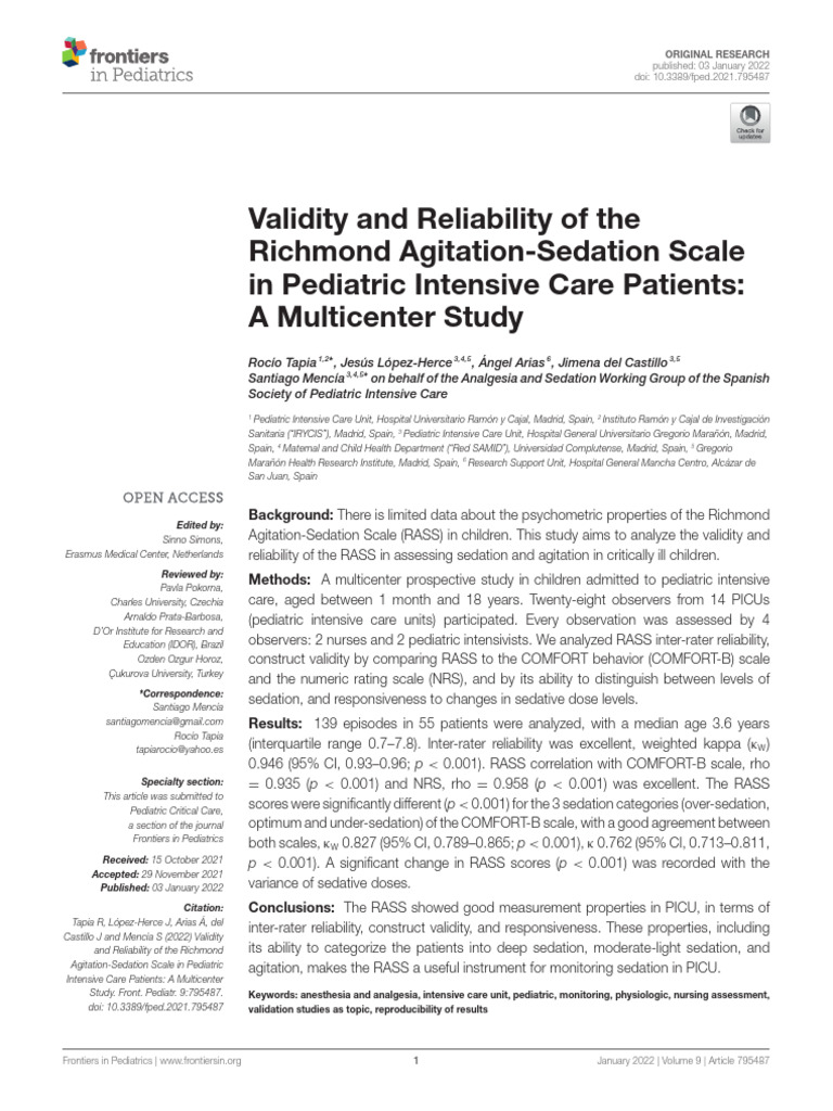 RASS Validity in Pediatric ICU Patients | PDF | Psychometrics