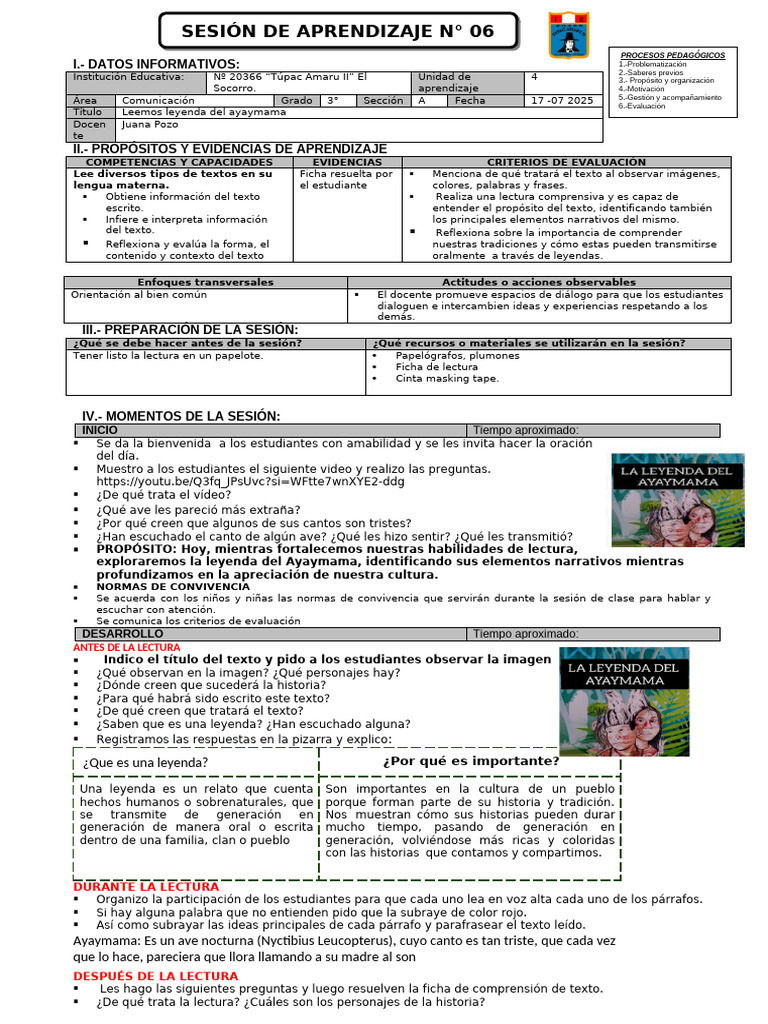 Leyenda del Ayaymama: Aprendizaje Cultural | PDF