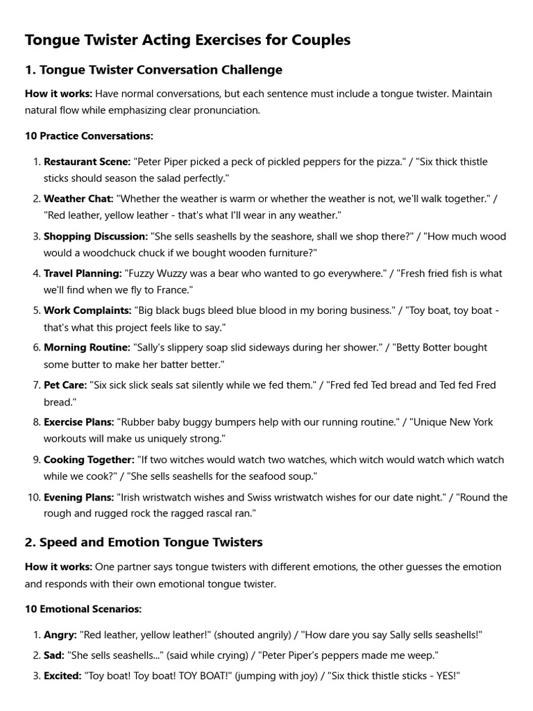 Engaging Tongue Twister Exercises for Couples | PDF