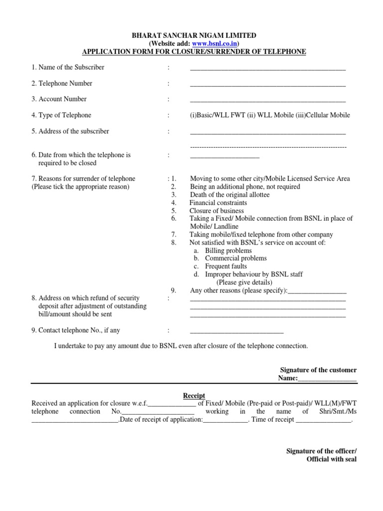 Official BSNL Landline Closure Form | PDF | Landline | Prepaid Mobile Phone