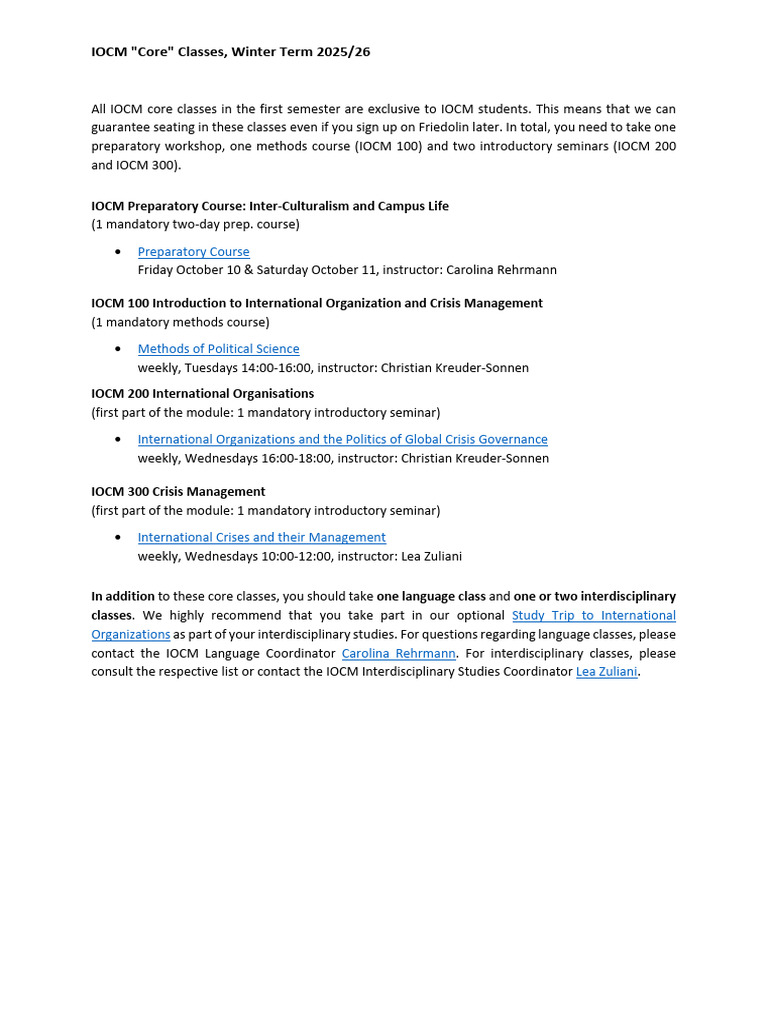 IOCM Core Classes Winter 2025/26 | PDF