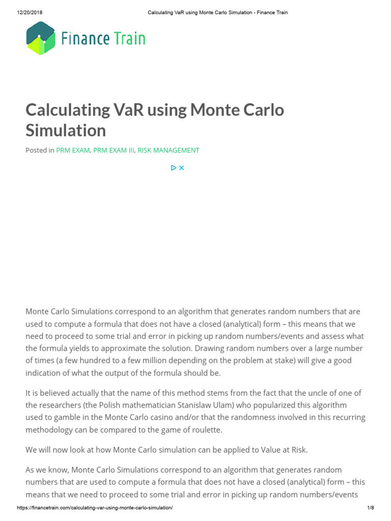 Calculating VaR Using Monte Carlo Simulation - Finance Train | PDF | Value At Risk | Monte Carlo ...