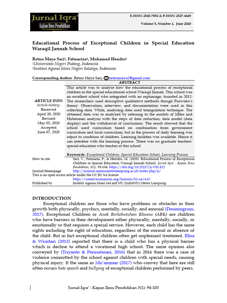 Educational Process of Exceptional Children in Special Education ...