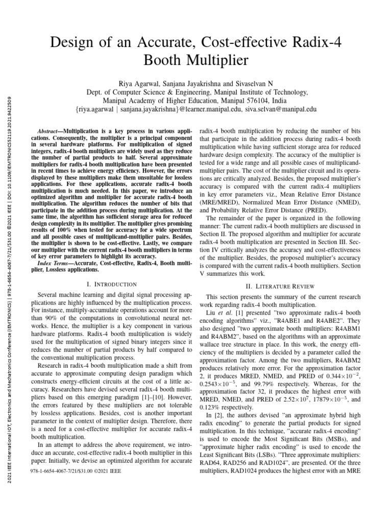 Design of an Accurate Cost-effective Radix-4 Booth Multiplier | PDF | Multiplication | Bit