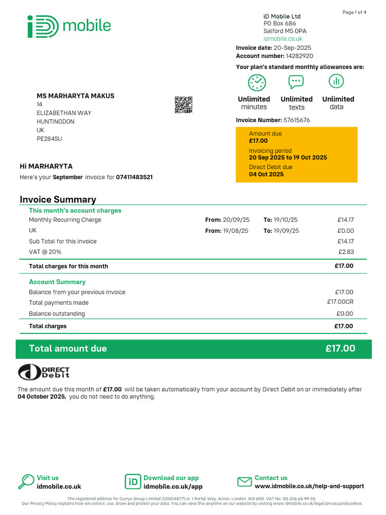 Id Mobile Bill 20 09 2025 | PDF | Roaming | Alternative Dispute Resolution