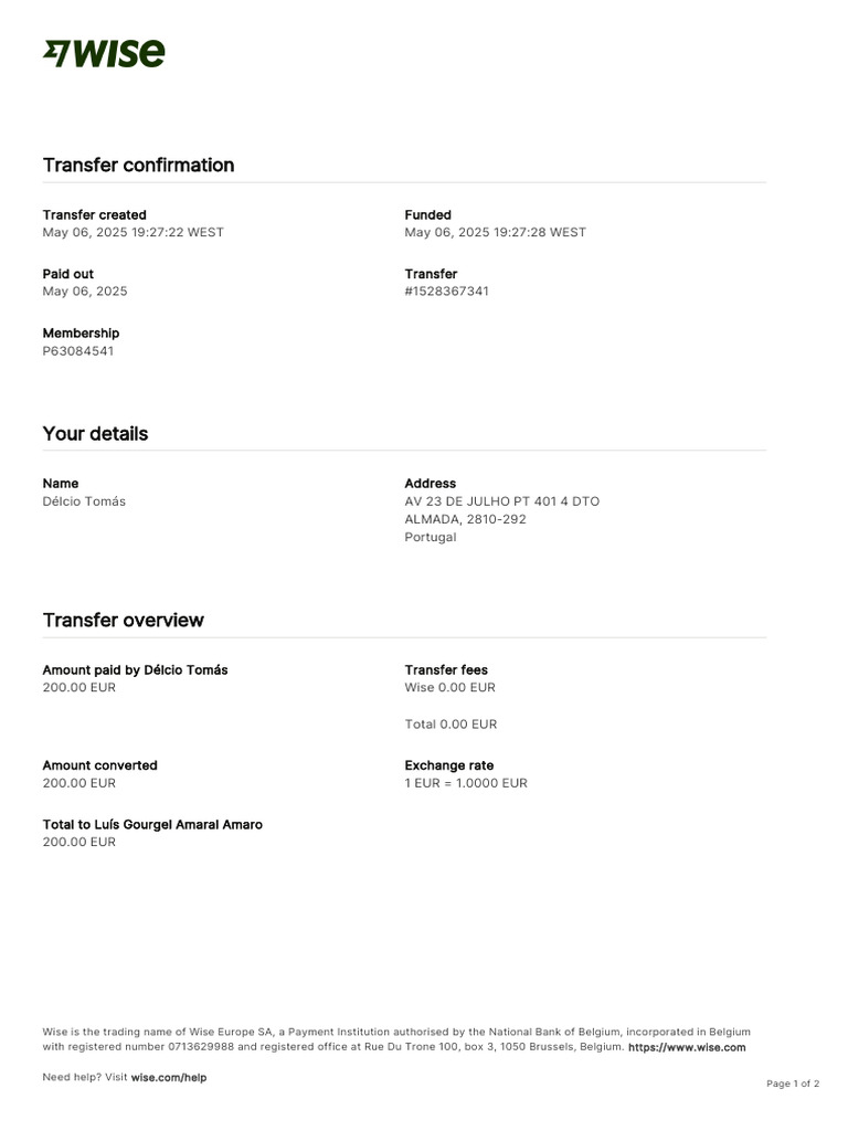 Wise Transaction Invoice Transfer 1528367341 5373497533 PT | PDF ...