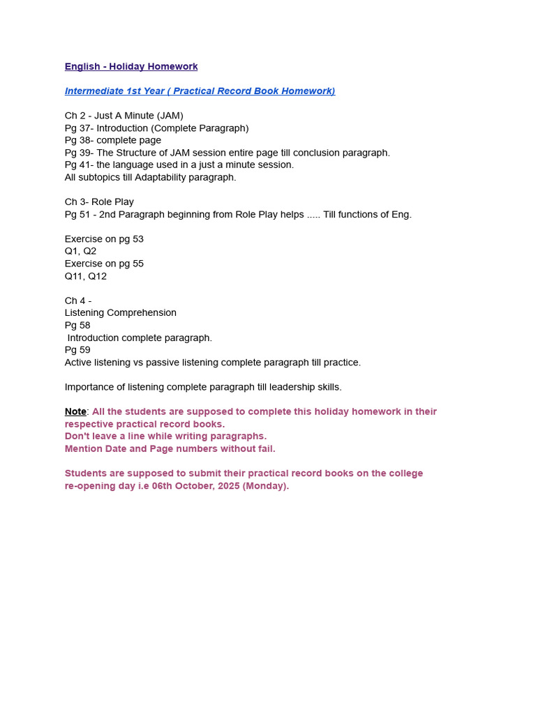 Holiday Homework for English Intermediate | PDF