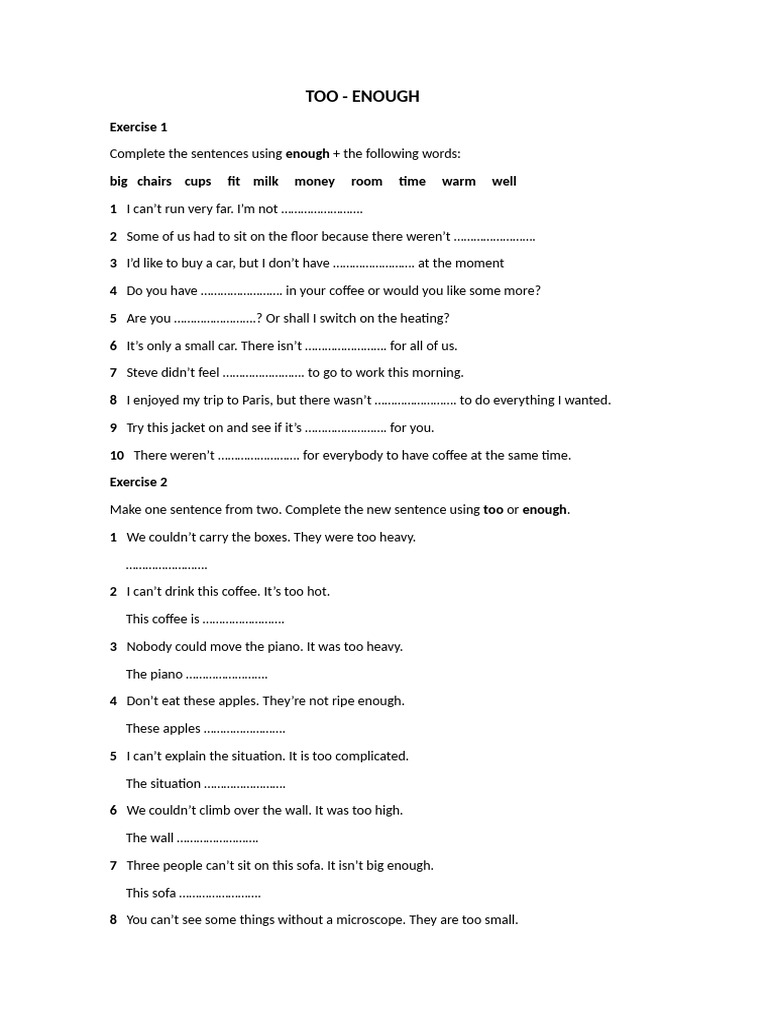 Too and Enough Exercises Worksheet | PDF