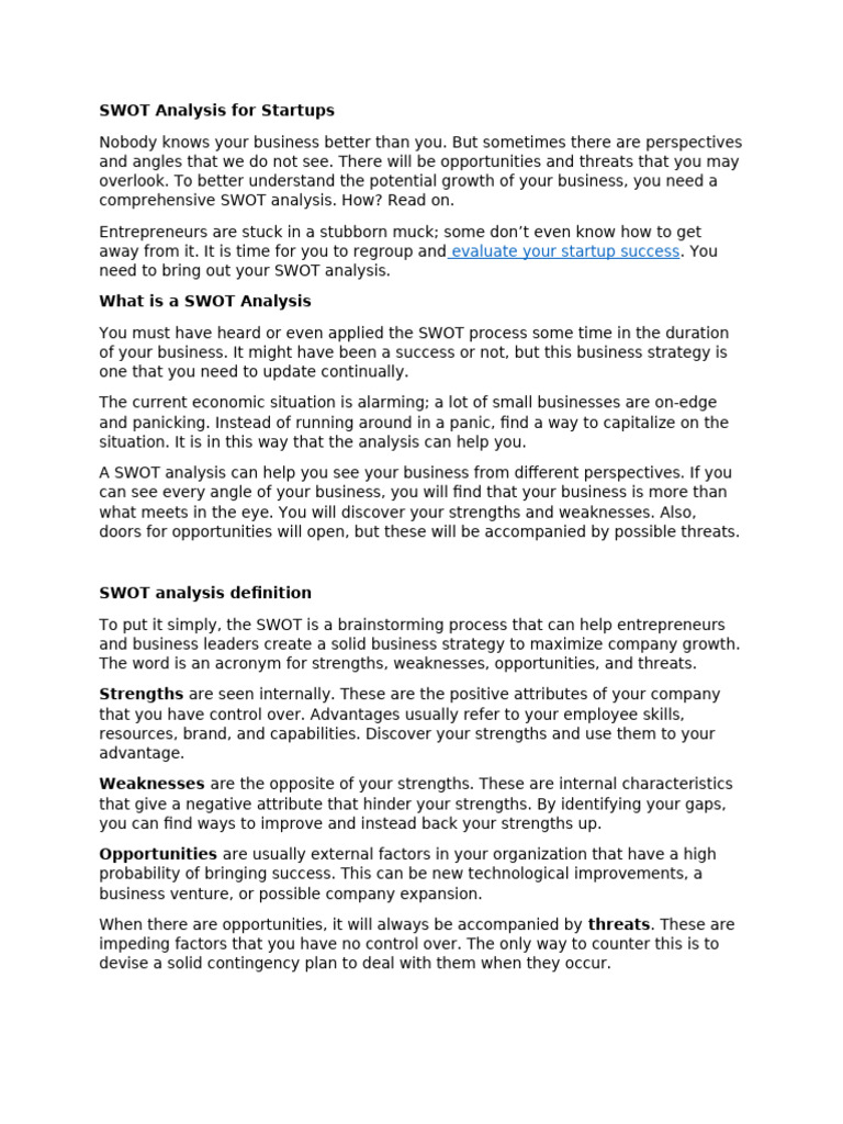 Effective SWOT Analysis for Startups | PDF | Swot Analysis | Startup ...