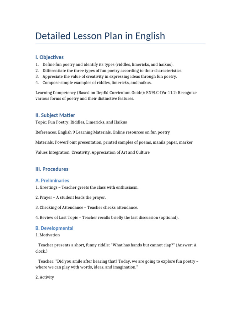Detailed Lesson Plan Fun Poetry | PDF | Poetry | Lesson Plan