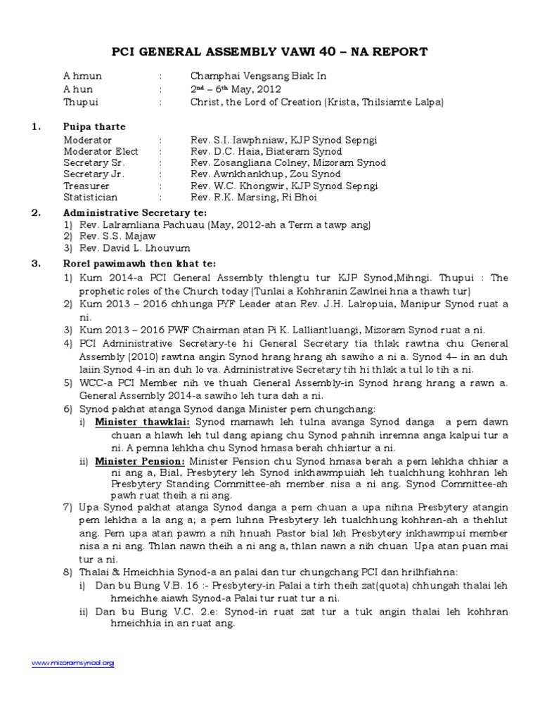 40th PCI General Assembly Reports in Mizo | PDF | Religious ...