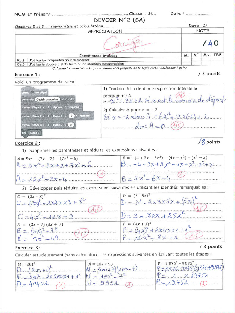Corrigé DS2 3ème | PDF