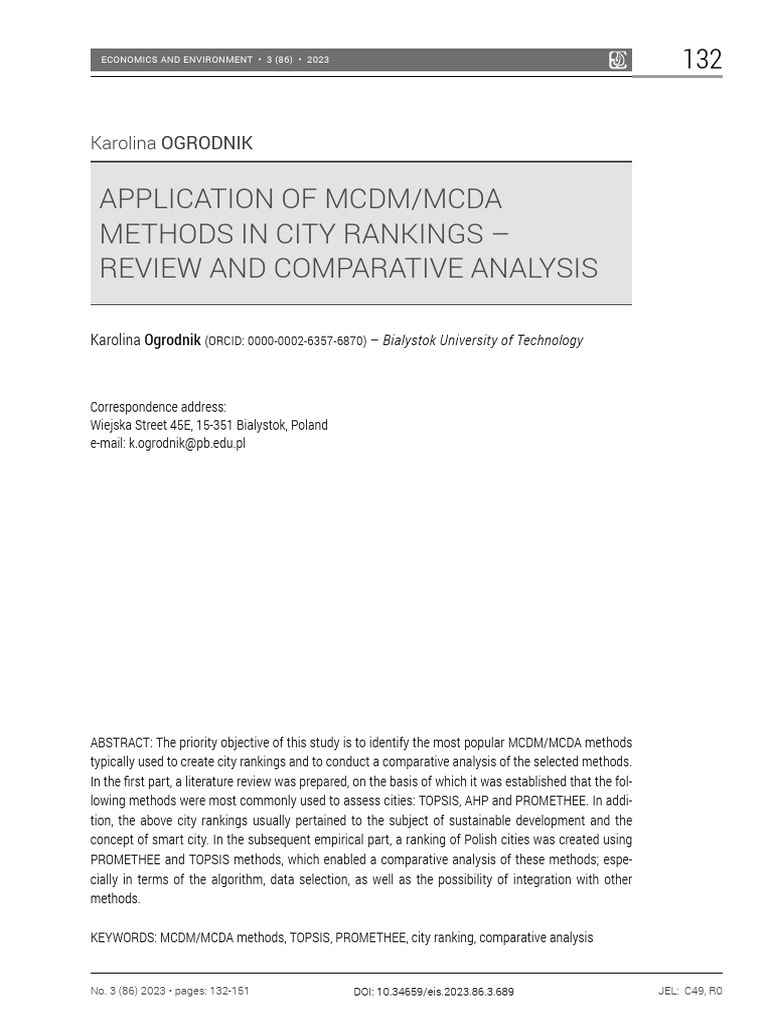 MCDM Methods for City Rankings Analysis | PDF | Data | Statistics