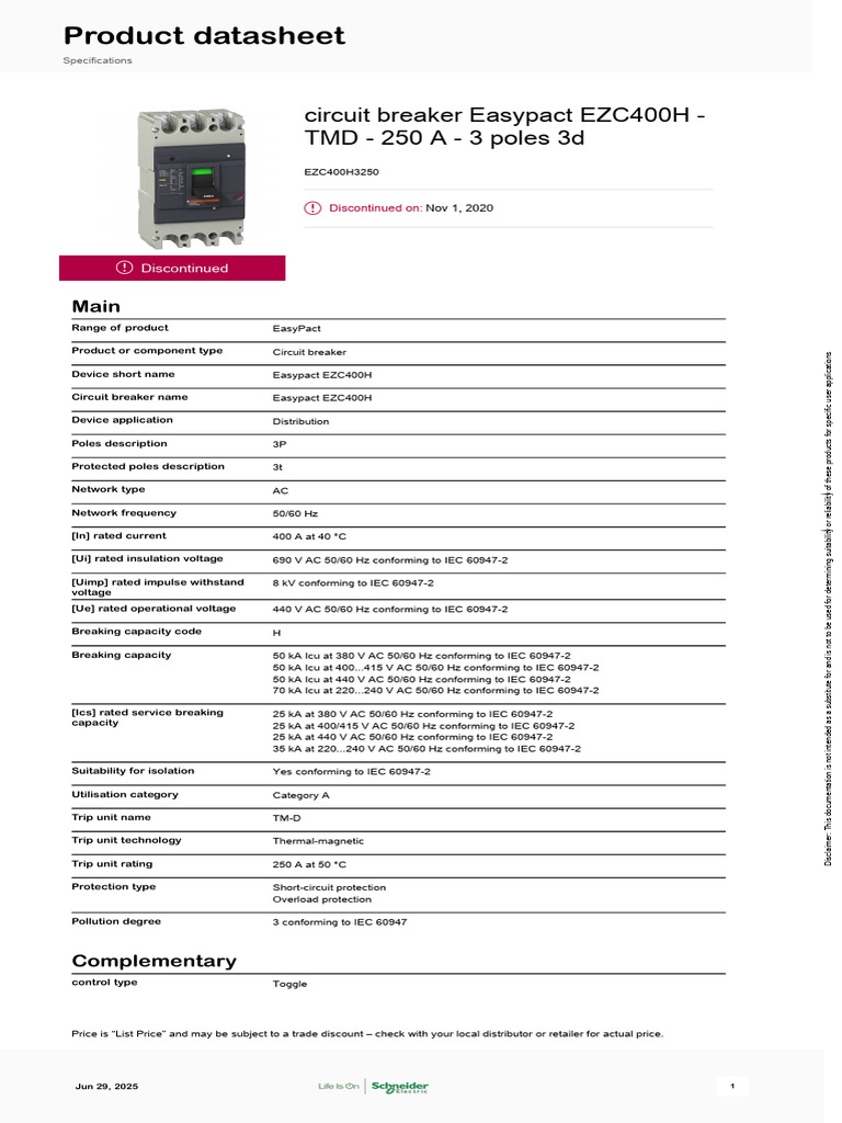 Easypact EZC400H Circuit Breaker Specs | PDF | Alternating Current | Hertz