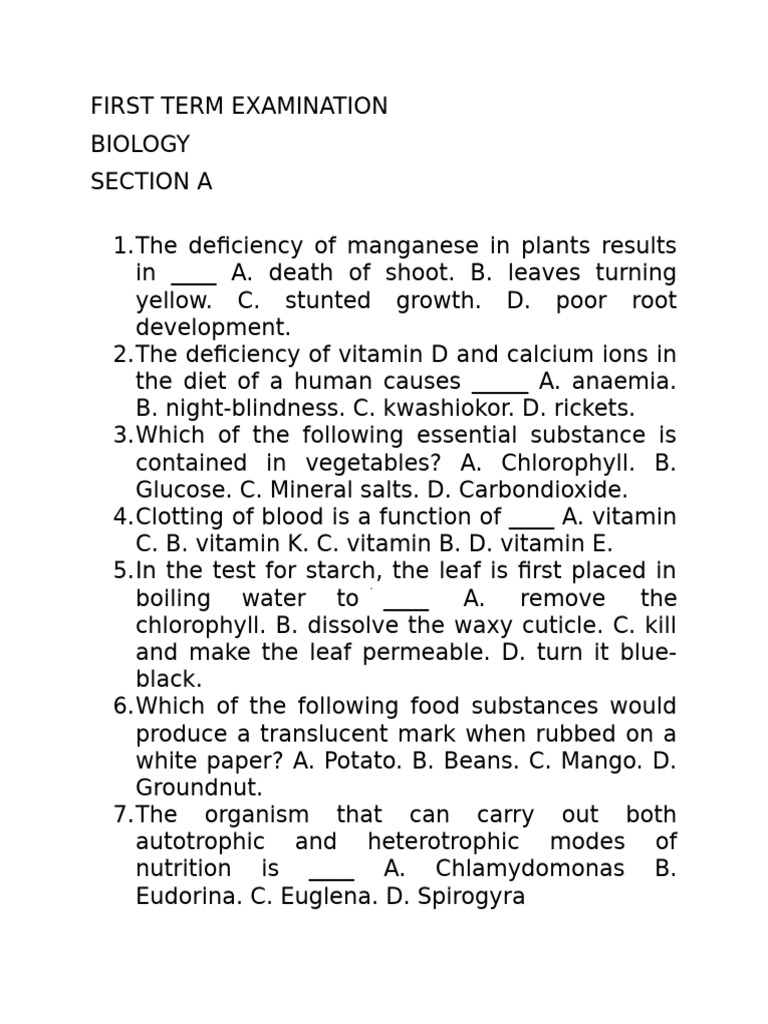 Biology First Term Exam Questions | PDF | Photosynthesis | Protozoa
