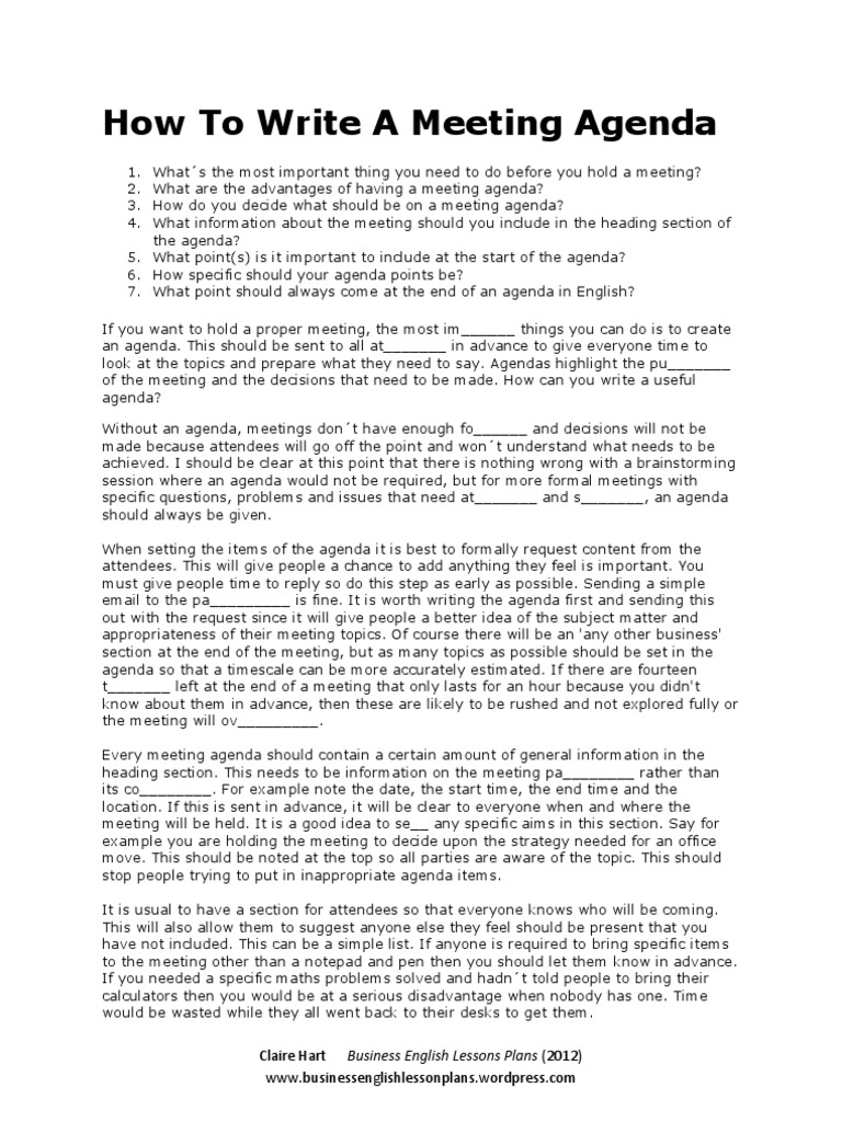 How To Write A Meeting Agenda Worksheet | PDF