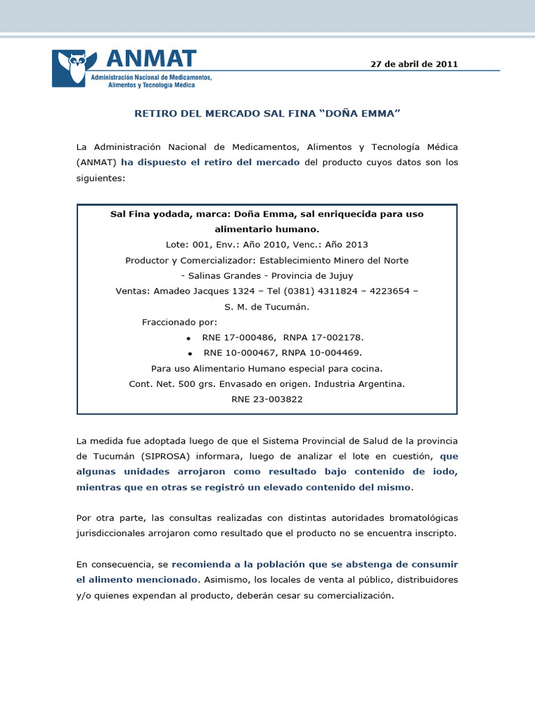 Anmat RetiroSalDEmma | PDF