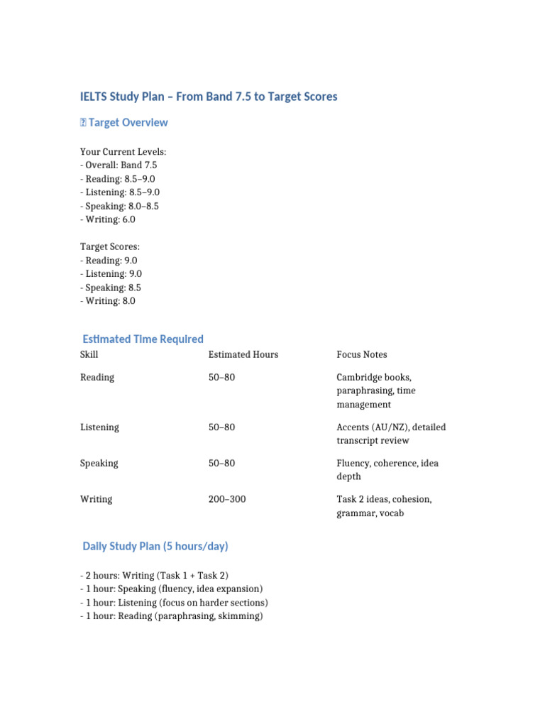 IELTS Study Plan 7.5 To Target | PDF