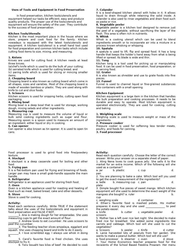 Uses of Tools and Equipment in Food Preservation | PDF | Kitchen ...