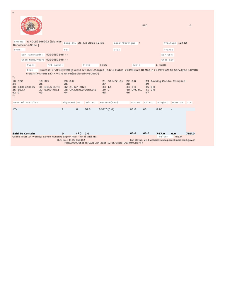 F/N No. BKNG Dt. Local/Foreign: TRN - Type: Said To Contain 0 0.0 747.0 ...