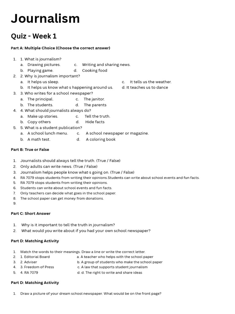 Journalism Quiz W 1 | PDF