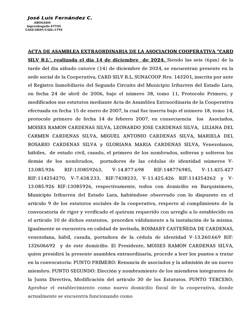 Acta Asamblea Cooperativa CARD SILV R.L. | PDF | Cooperativa | Justicia