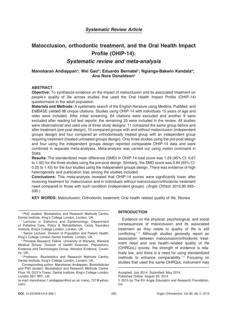 Malocclusion, Orthod Treatment (OHIP-14) | PDF | Meta Analysis ...