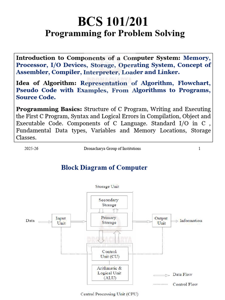 BCS-101 Unit-I ComputerBasic C 2025-26(ODD) | PDF | Central Processing Unit | Computer Data Storage
