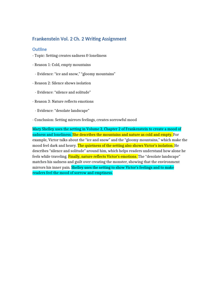 Frankenstein Vol2 Ch2 Writing Assignment Updated | PDF