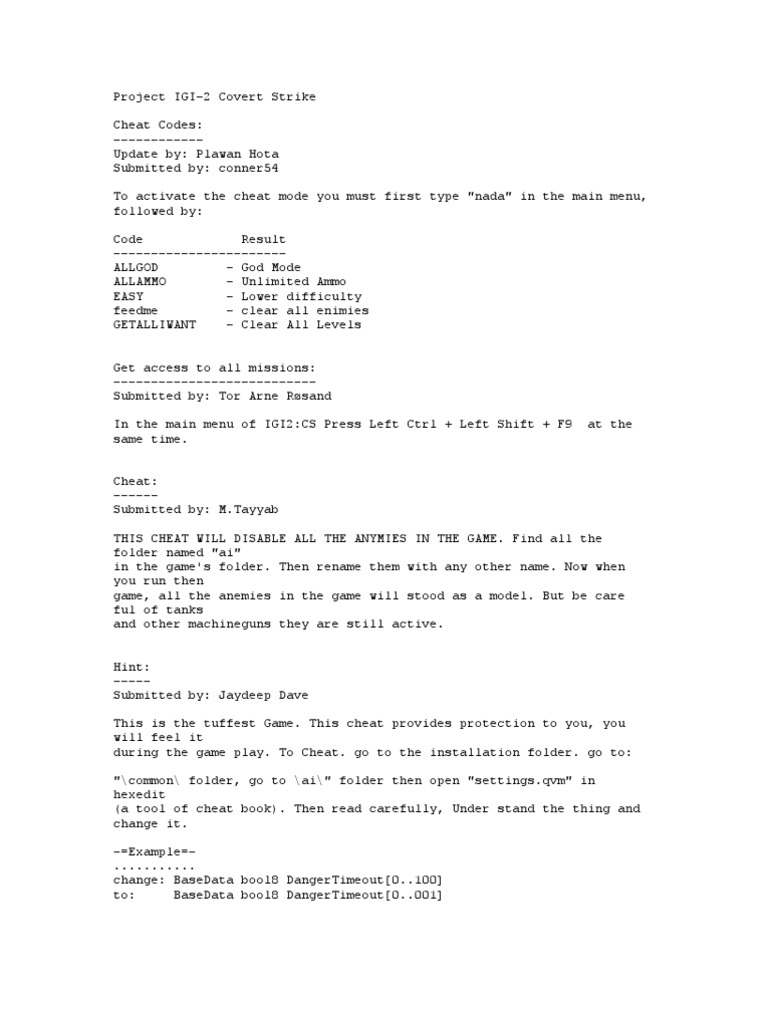 IGI 1 Cheat Codes and Unlocks Guide | PDF | Cheating In Video Games ...