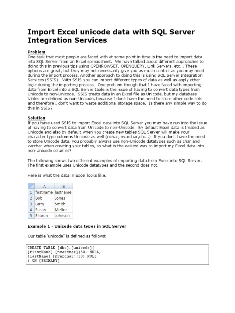 Import Excel Unicode Data With Sql Server Integration Services Pdf