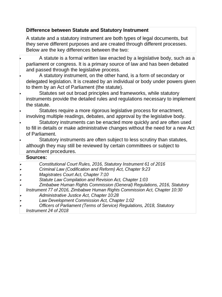Statute vs. Statutory Instrument Explained | PDF