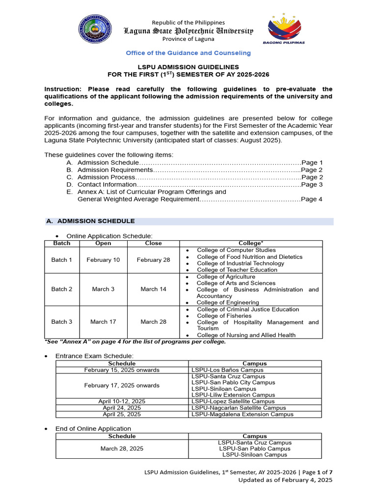 LSPU Admission Guidelines For AY 2025-2026 | PDF