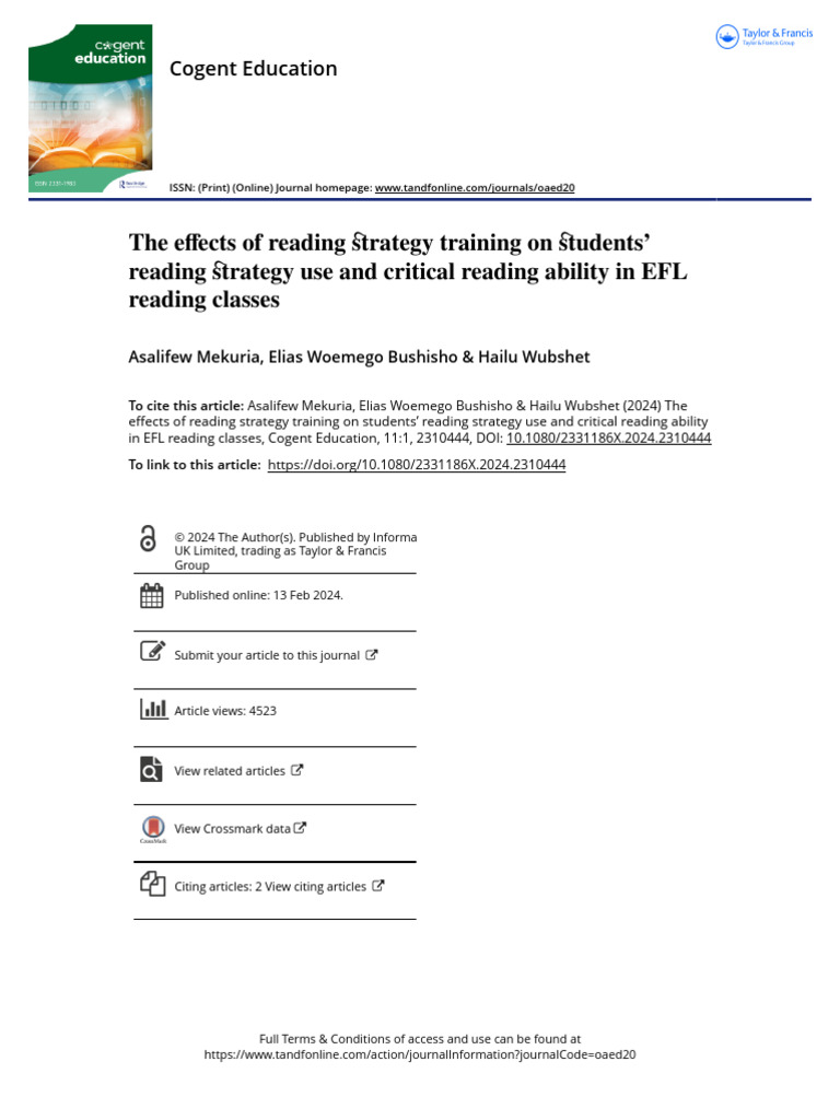The Effects of Reading Strategy Training on Students Reading Strategy Use and Critical Reading ...