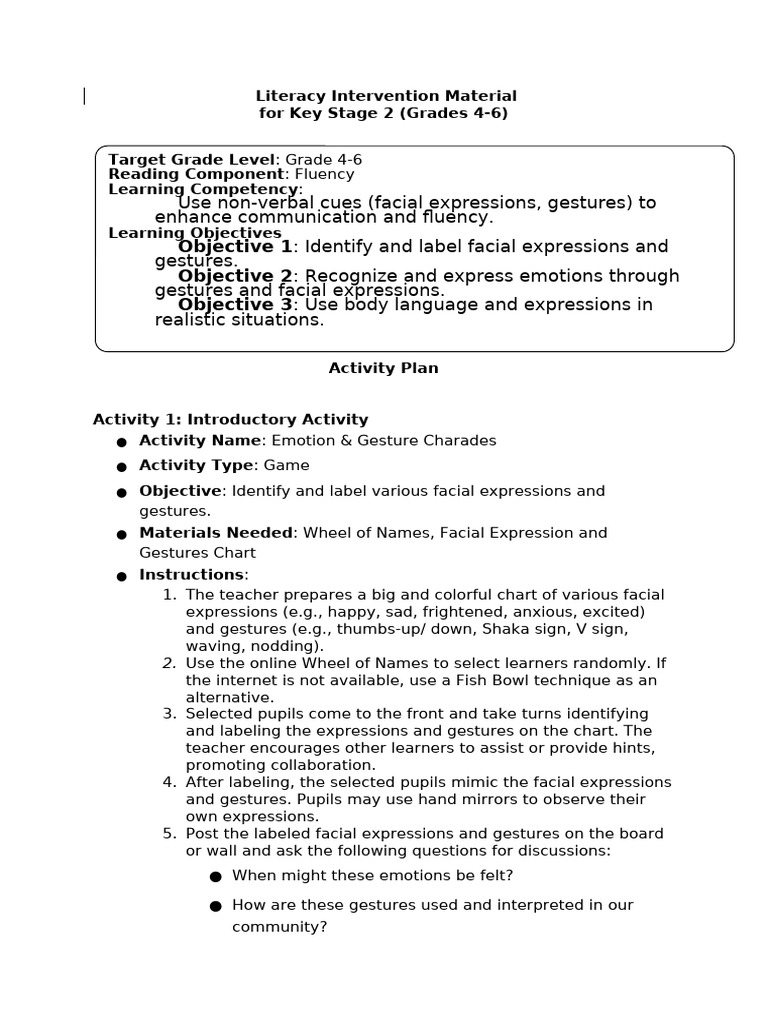 Grade 4-6 - Fluency - Use Non-Verbal Cues (Facial Expressions, Gestures ...