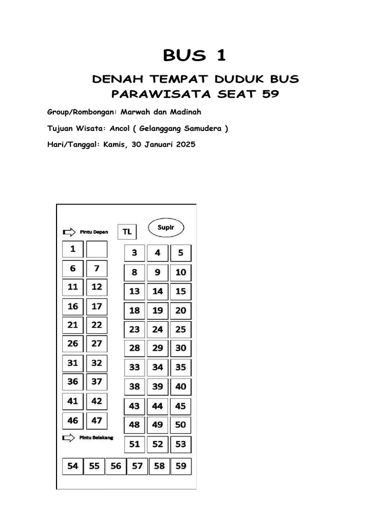 Denah Tempat Duduk Bus Wisata Ancol | PDF