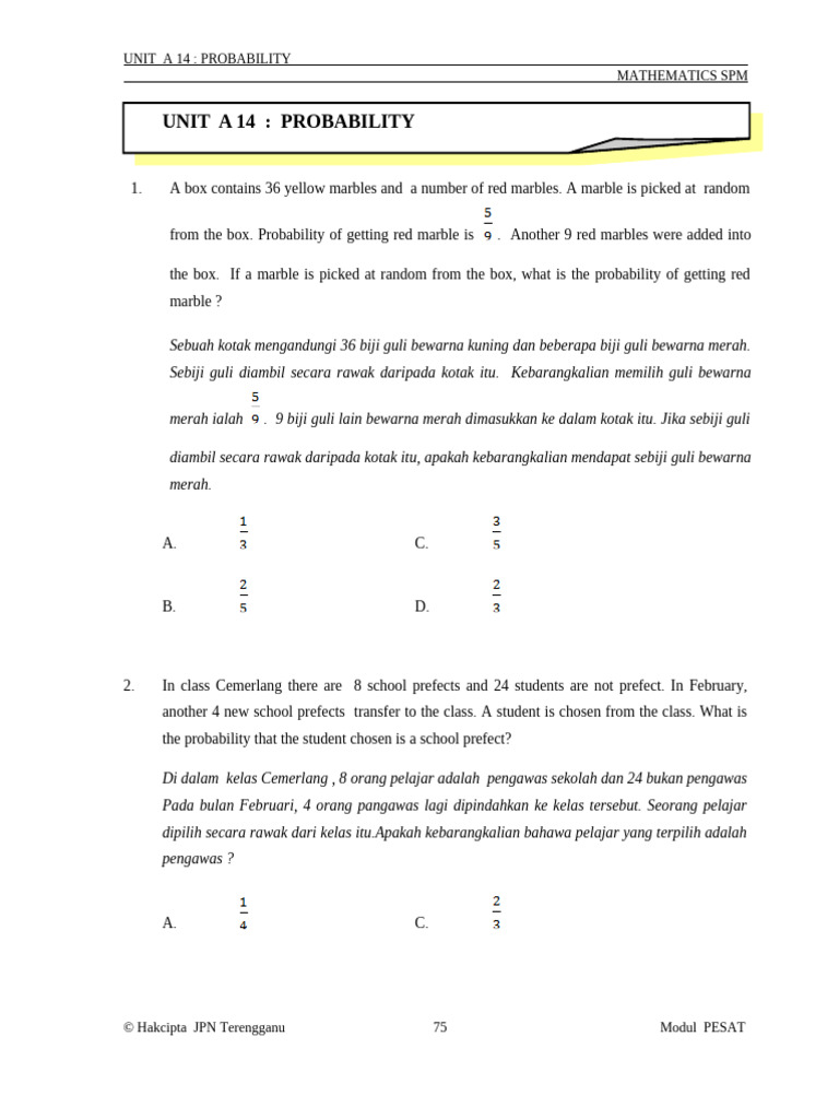 Unit A 14 Probability Format | PDF