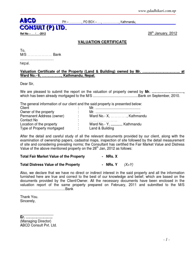 Valuation Report (Sample Format) | PDF | Market Value | Valuation (Finance)