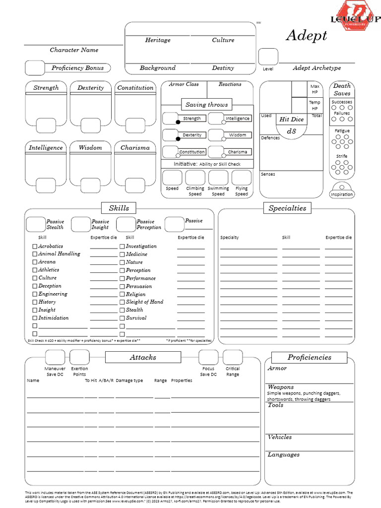 Character Sheets Adept v2.3 | PDF | Role Playing Games | Tabletop Games