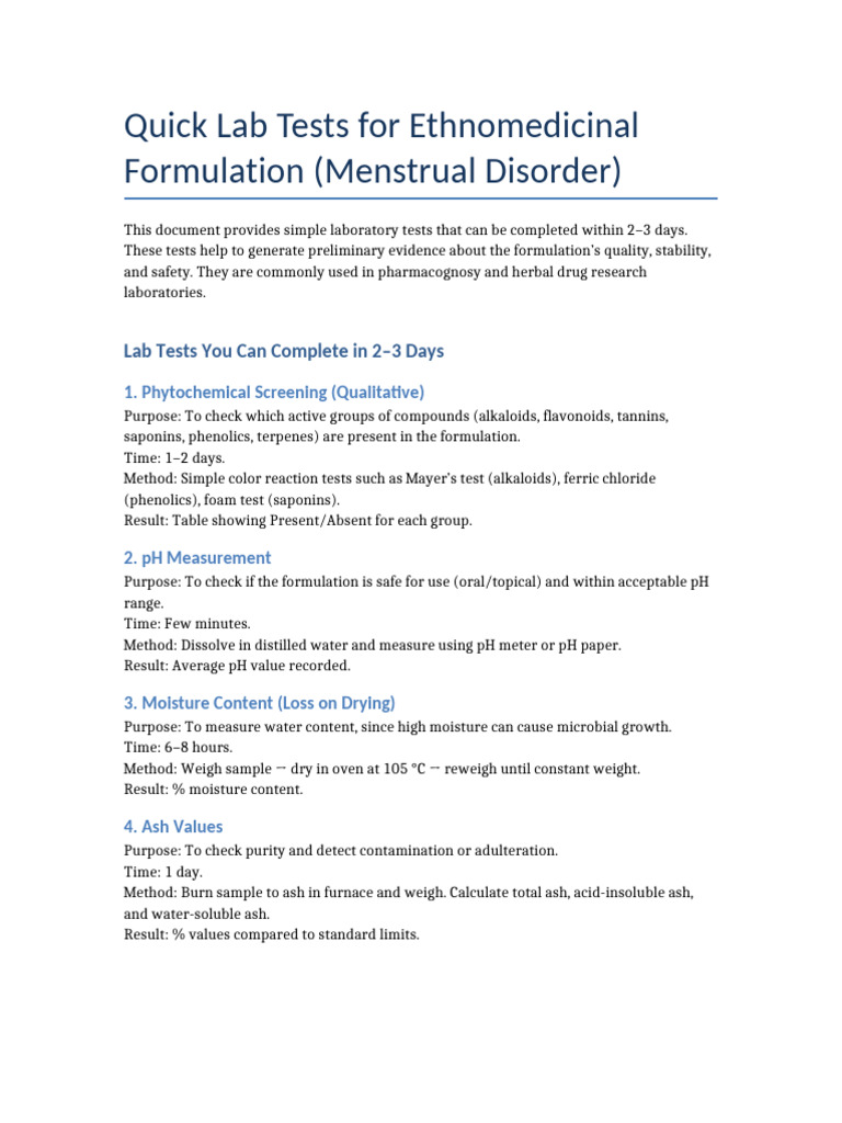 Quick Lab Tests for Menstrual Formulations | PDF | Thin Layer ...