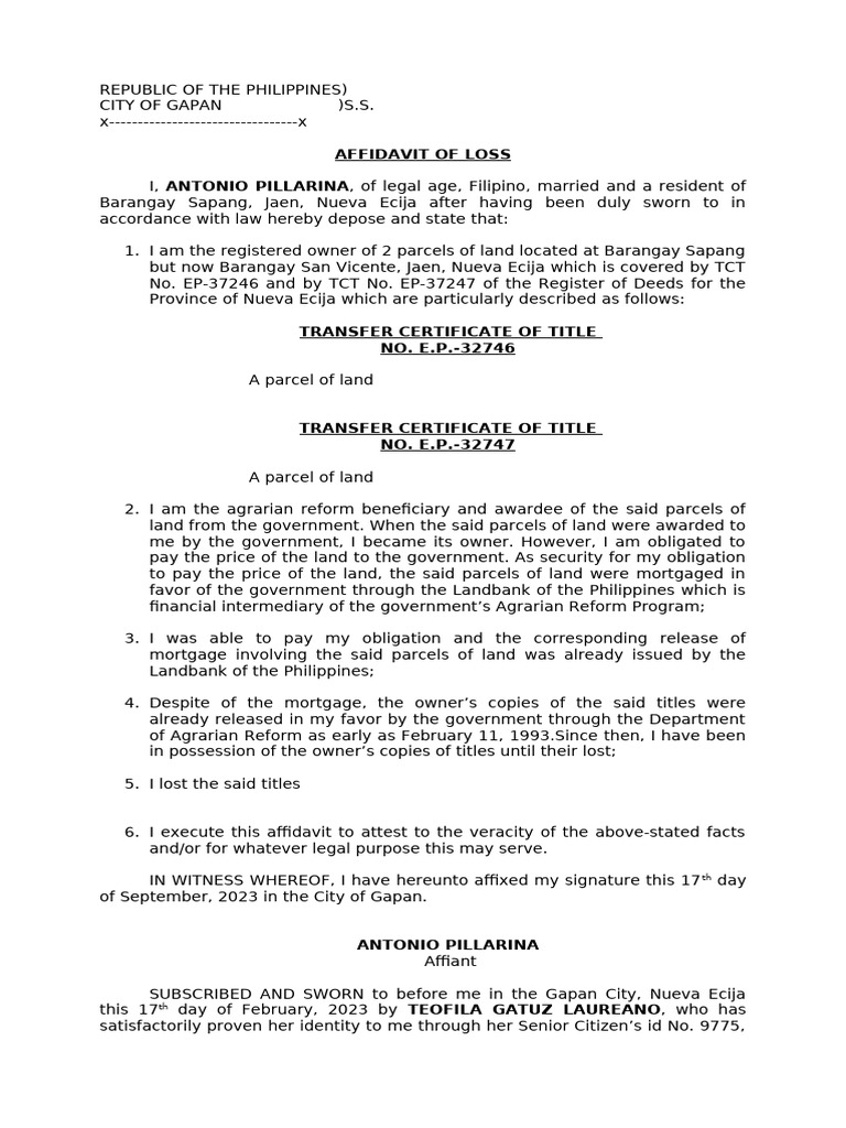 Affidavit of Loss Title Antonio Pillarina | PDF | Affidavit | Practice ...