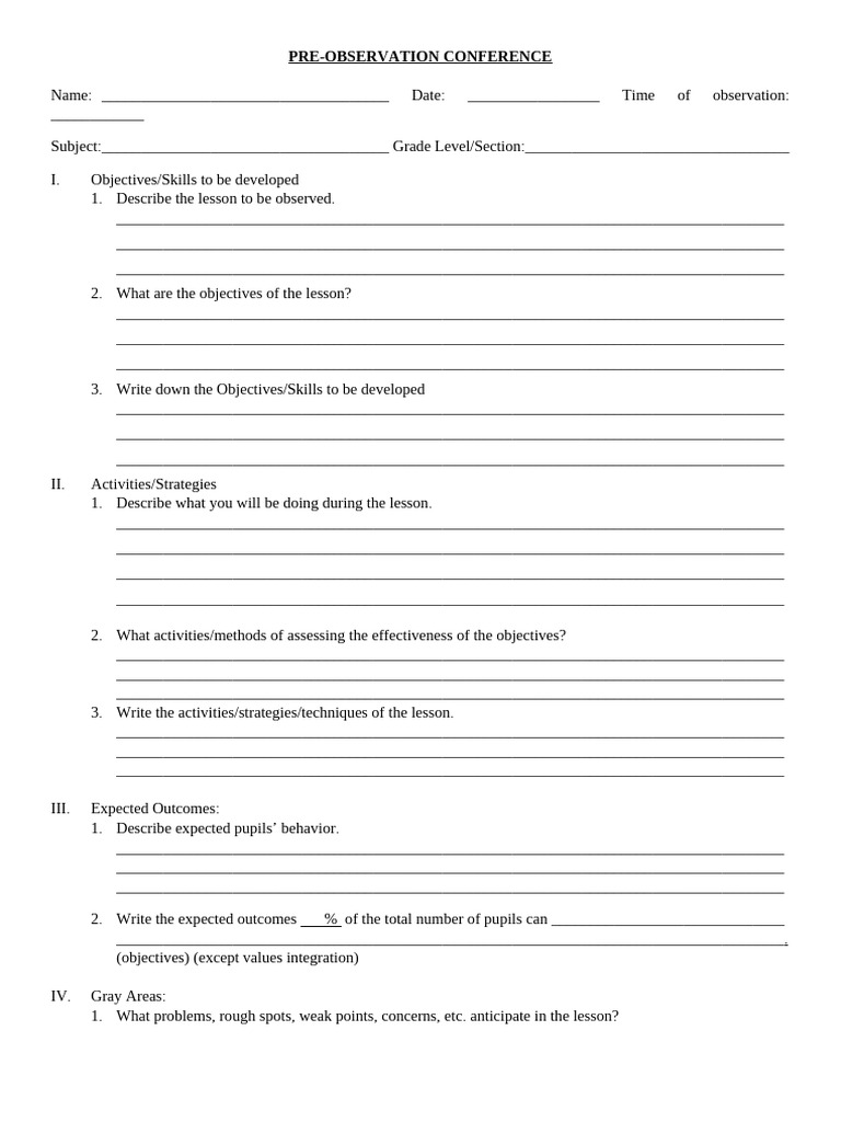 Pre-Observation Conference Template | PDF | Psychology | Learning