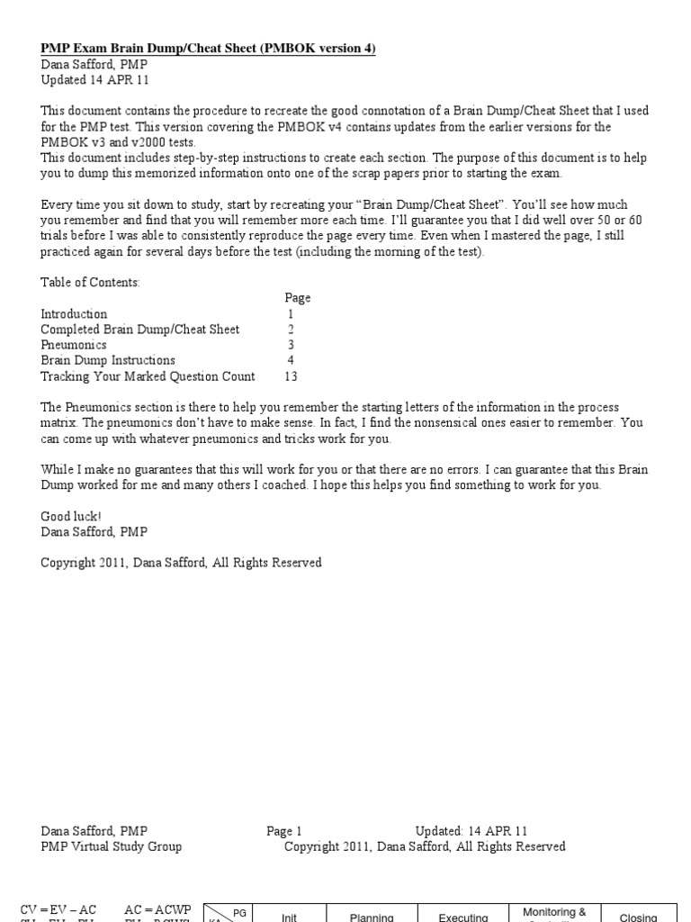 PMP Exam Brain Dump Sheet - PM Lessons Learned Group | Self-Improvement ...