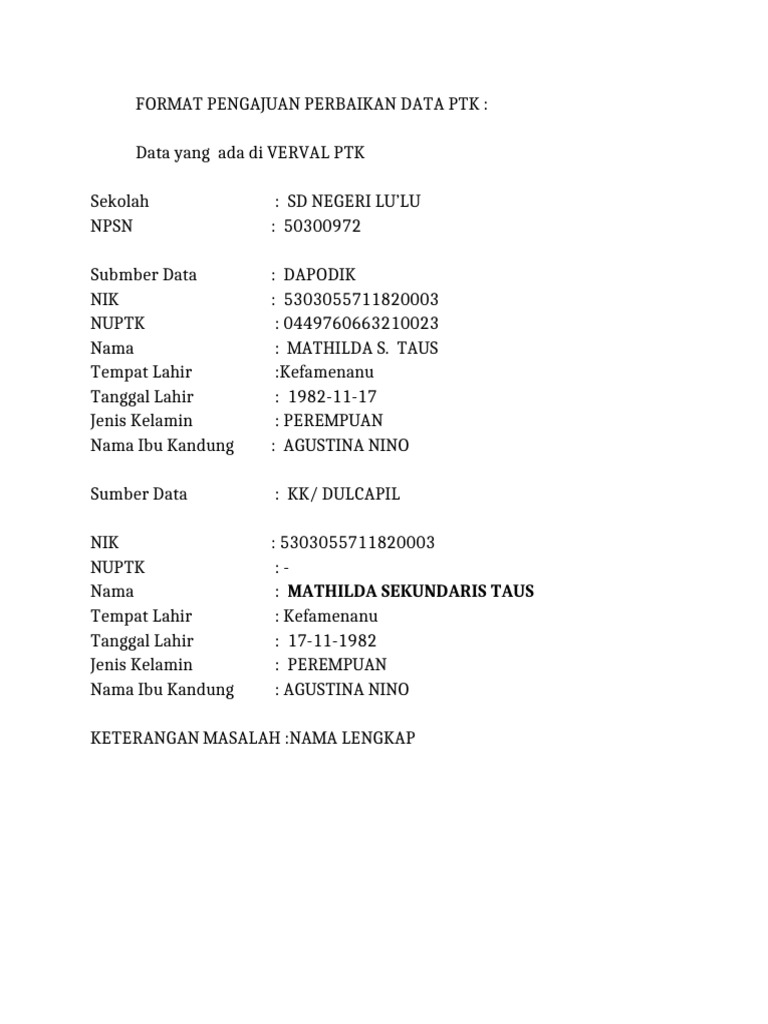 Format Pengajuan Perbaikan Data PTK Dan PD | PDF