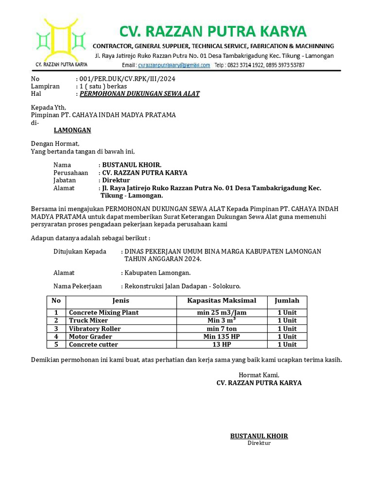 Permohonan Dukungan Alat RAZZAN SOLOKURO | PDF