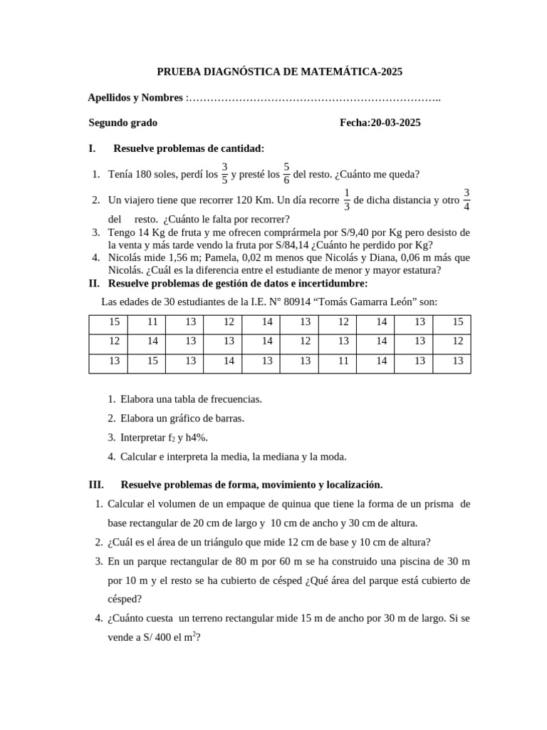 Prueba Diagnóstica de Matemática 2025 | PDF