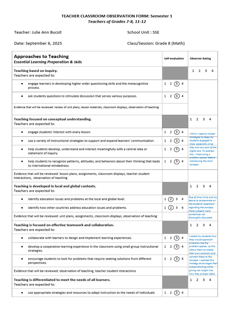 Classroom Observation Form for Grades 8 Math | PDF | Teachers | Learning